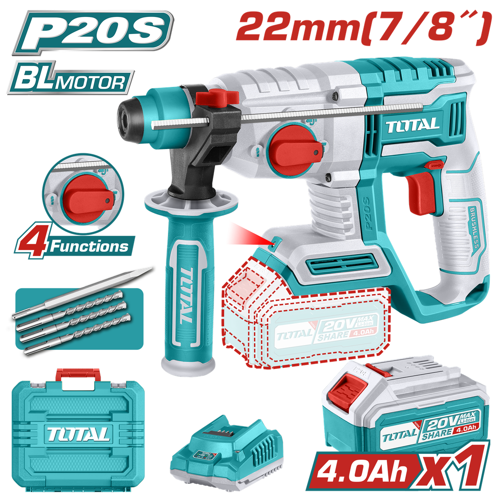 TALADRO ROTOMARTILLO 7/8" 20V SDS PLUS 2,0 JULES INCLUYE 1 BATERIA,1 CARGADOR Y 4 ACCESORIOS ...